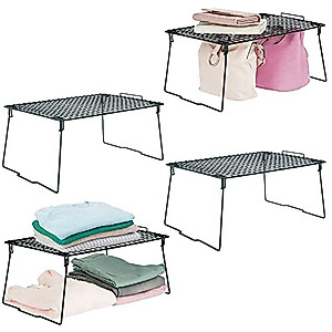 mDesign Metal Stackable Storage Shelf - Closet, Cabinet, Countertop 2-Tier Raised Organizer - for Bedrooms, Bathrooms, Entryways, Hallways - 17" x 12" x 8", 4 Pack - Black