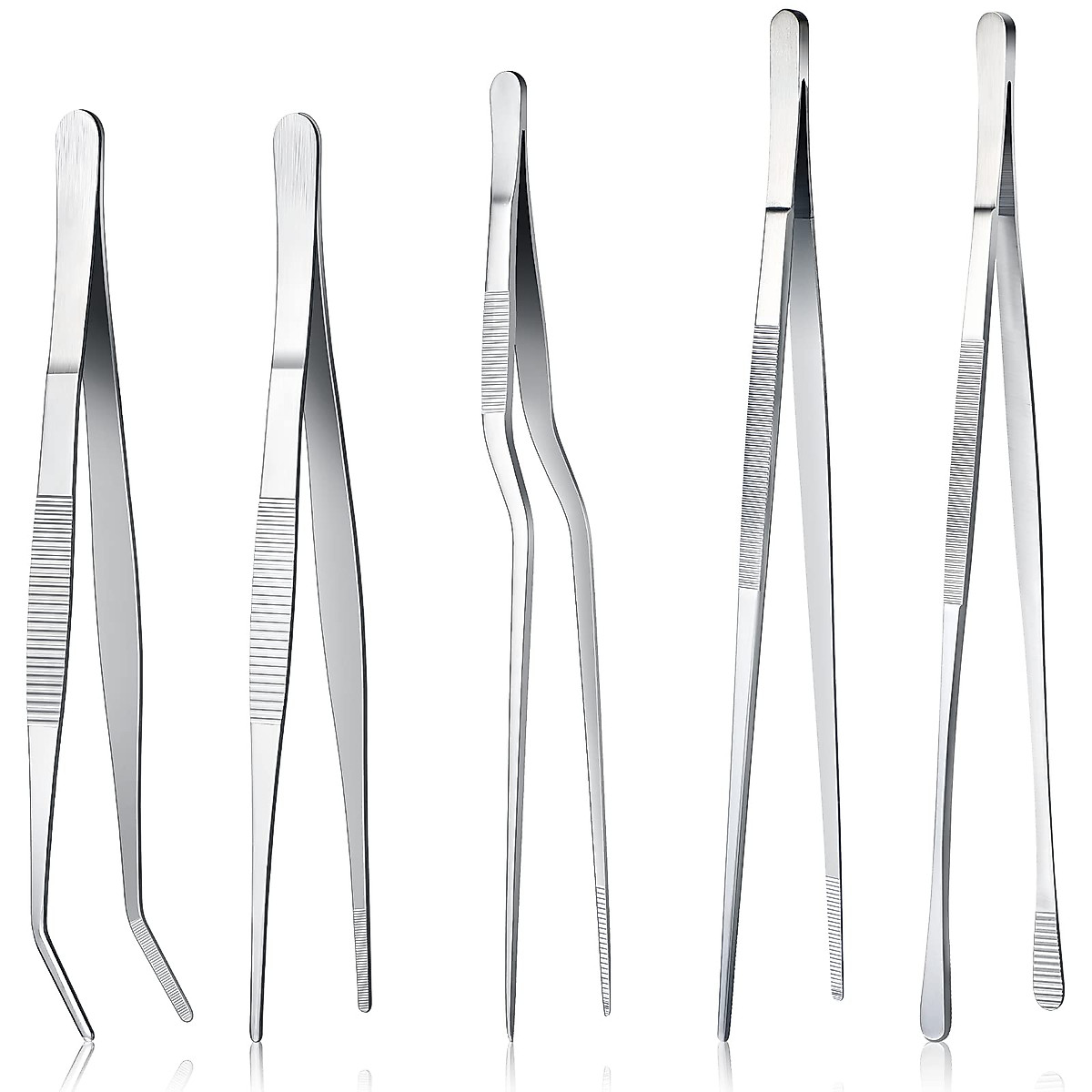 5 Pcs Stainless Steel Kitchen Cooking Tweezers Tongs Culinary 12 Inch Long Fine Food Tweezers Tongs Tools Offset Tip Chef Korean Japanese BBQ Tweezers for Baking Grill Salad Steak Fish Buffet Banquet