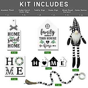 Farmhouse Decor - Farmhouse Kitchen Decor - Tiered Tray Decor Bundle 6 PCS - 3 Modern Farmhouse Wooden Signs - Plush Gnome - Wood Beads Garland - Mini Wooden Banner - Home Table Decorations