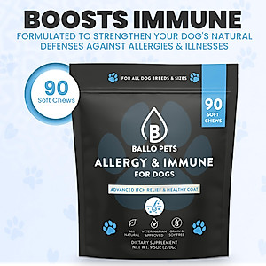 Ballo Pets Allergy & Immune Chews for Dogs - Itch Relief for Dogs - Dog Seasonal Allergies- Skin and Coat Supplement - Omega 3, Pumpkin Powder, Turmeric Root, Quercetin- 90 Soft Chews- Salmon Flavor