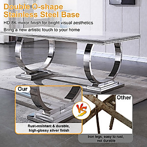 Maotifeys 70" White Marble Dining Table, Rectangle Marble Top, Silver U-Shape Stainless Steel Pedestal, Mid-Century Modern, 70" x 35" x 30"