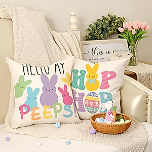 GEEORY Easter Pillow Covers 18x18 Set of 4 Easter Decorations for Home Bunny Truck Hello Peeps Hip Hop Pillows Easter Decorative Throw Pillows Spring Easter Farmhouse Decor