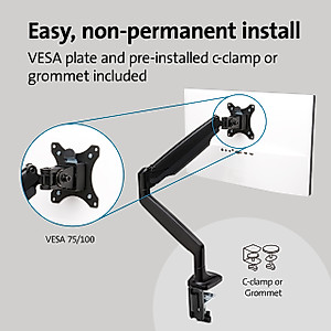 Kensington Single Monitor Arm with Vesa Mount, Adjustable Gas Spring Desk Monitor Arm, SmartFit® One-Touch Heavy Duty Monitor Stand for Ultrawide Monitors Up to 34 Inches, 19.8lbs - Black (K59600WW)