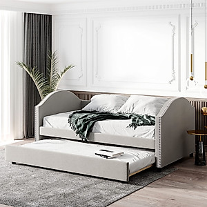 Harper & Bright Designs Full Size Upholstered Daybed with Twin Size Trundle, Upholstered Daybed Sofa Bed Frame for Living Room Bedroom, Beige