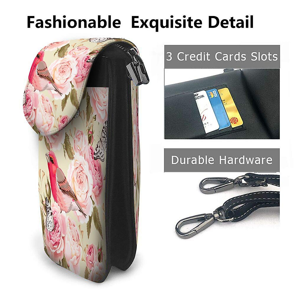 Beabes English Roses And Birds Crossbody Cell Phone Purse Floral Flower Butterflies Vintage Botanical RomanceWallet Handbag