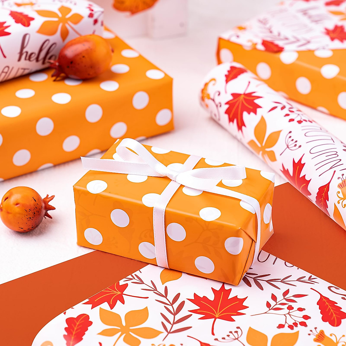 WRAPAHOLIC Reversible Autumn Wrapping Paper - Mini Roll - 17 Inch X 33 Feet - Maple Leaf and Orange Polka Dots Autumn Design for Fall Celebrating, Holiday, Party