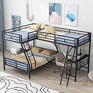 DEYOBED Twin & Twin Over Full L-Shaped Metal Triple Bed Bunk Bed with Twin Size Loft Bed Desk for 3 Kids Teens