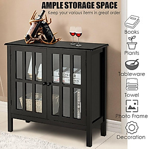 UJOYPAD Double Door Storage Cabinet,Sideboard Buffet Storage Cabinet,Kitchen Sideboard Console with 2 Glass Doors,Entryway Dining Liquor Cabinet,Cupboard Console Table for Kitchen Living Room (Black)