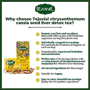 Tejovial Chrysanthemum Cassia Seed Tea Bags – Natural Liver Cleanse Detox & Repair Tea with Burdock Root, Osmanthus, Goji Berries, Honeysuckle –18 Herbal Tea Bags, 4.13 Oz Sugar Free Liver Detox Tea