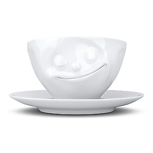 FIFTYEIGHT PRODUCTS TASSEN Porcelain Coffee Cup with Saucer, Happy Face Edition, 6.5 oz. White (Single Cup & Saucer)