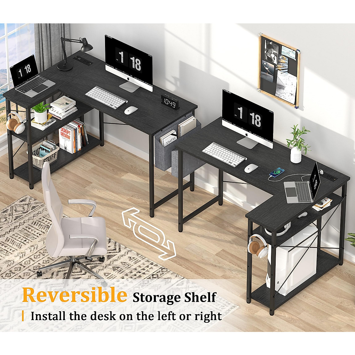 Mr IRONSTONE L Shaped Desk with Outlets & USB Ports, Reversible 47 Inch Office Desk, Corner Desk for Small Space, Home Office Desk with Storage Bag & Hook, Black