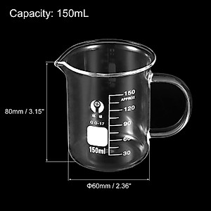 PATIKIL 150ml Glass Beaker with Handle, 3.3 Borosilicate Glass Graduated Printed Scale Measuring Cups with Spout for Kitchen Lab Liquids