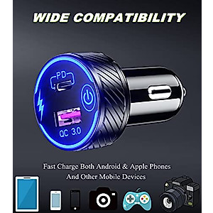 USB C Car Charger, VAZESWIN QC3.0 & PD Type C Dual USB Port Fast Car Charger Adapter, 30W 5A Fast Charge Car Phone Charger with Blue LED & Touch Switch