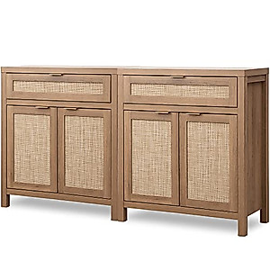 SICOTAS Sideboard Buffet Cabinet Set of 2, Rattan Credenza Storage Cabinet, Boho Buffet Table Console with Drawer, Farmhouse Coffee Bar Cabinet for Entryway Living Dining Room, Natural Oak