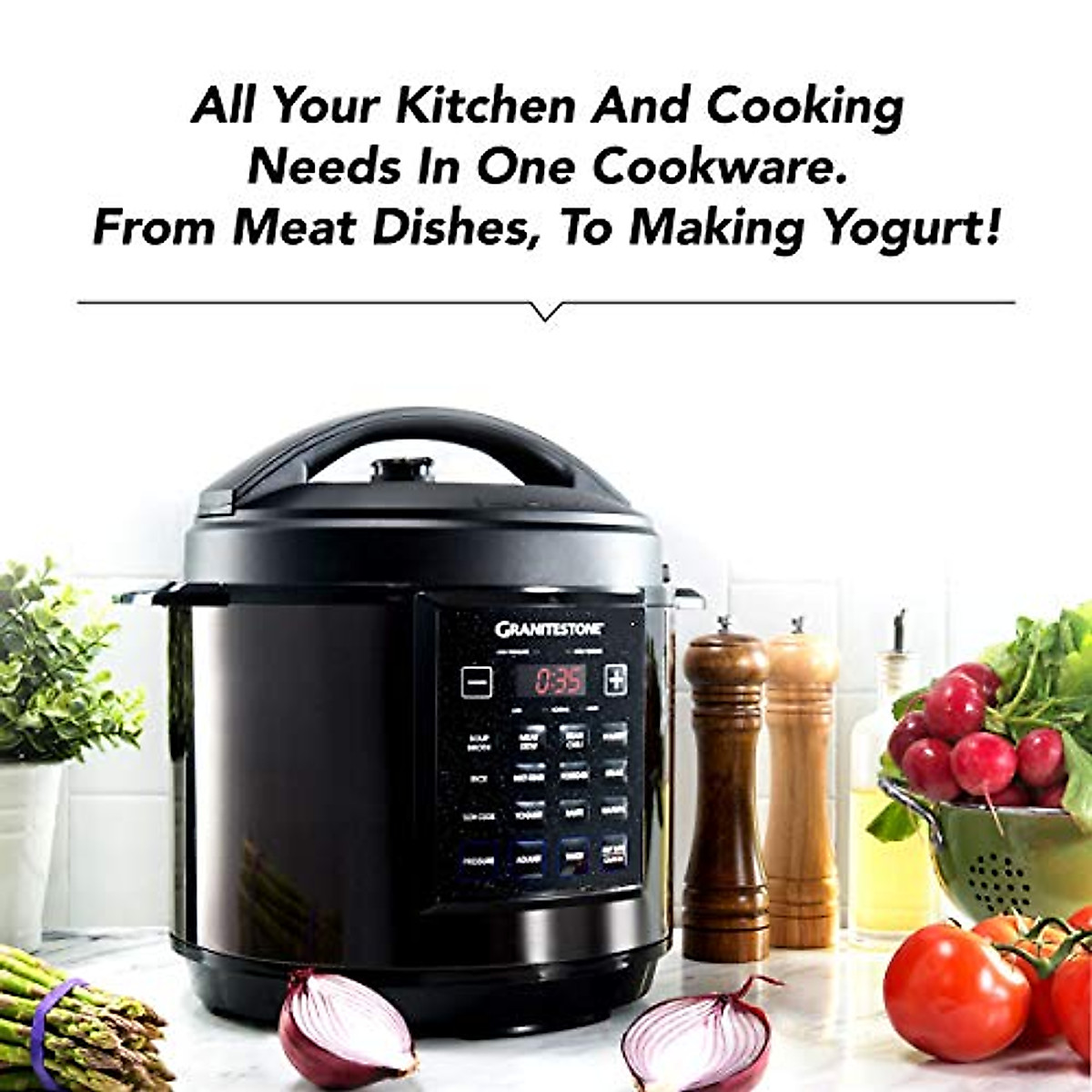 Granitestone 12-in-1 Multicooker with LED Display, Electric Pressure Cooker, Slow Cooker, Rice Cooker, Steamer, Saute, Yogurt Maker and Warmer, 6 Quart, 12 Pre-Set Functions As Seen On TV