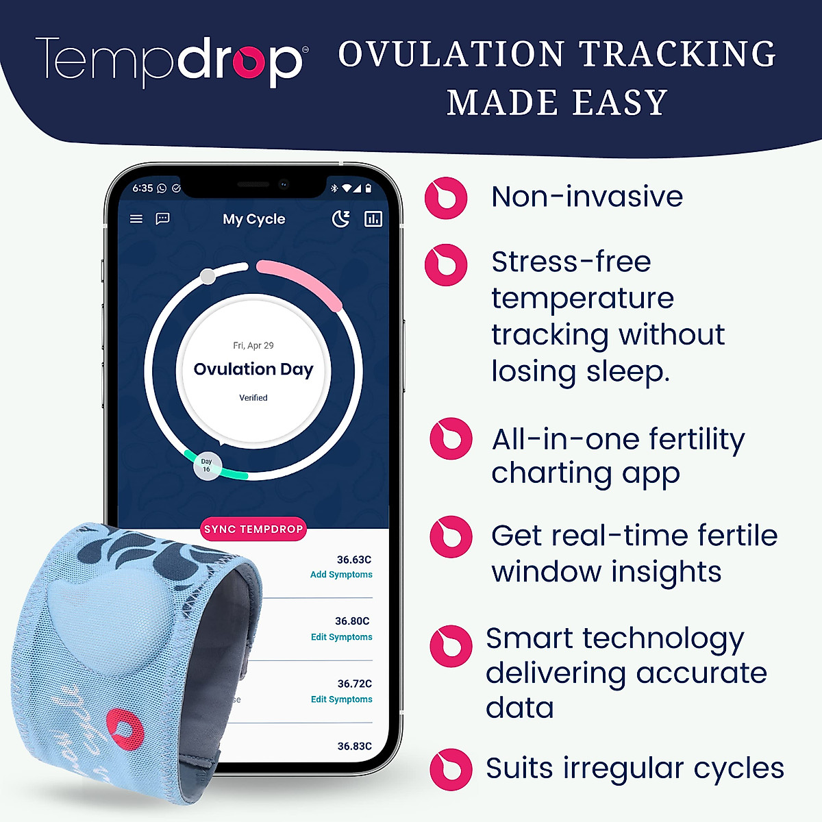 Tempdrop Fertility and Ovulation Digital Thermometer Tracker – Wearable Basal Body Temperature (BBT) Monitoring Sensor and Fertility Charting App Includes Comfortable Armband (S/M – 8.5-15.5 inch)