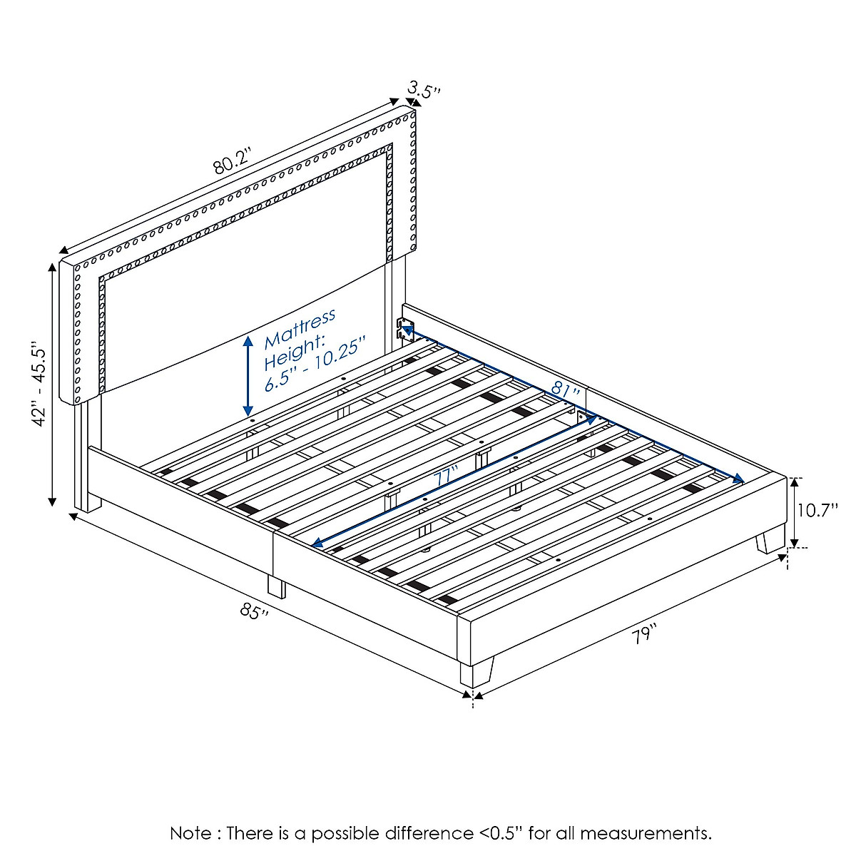 Furinno Laval Double Row Nail Head Upholstered Platform Bed Frame, King, Glacier