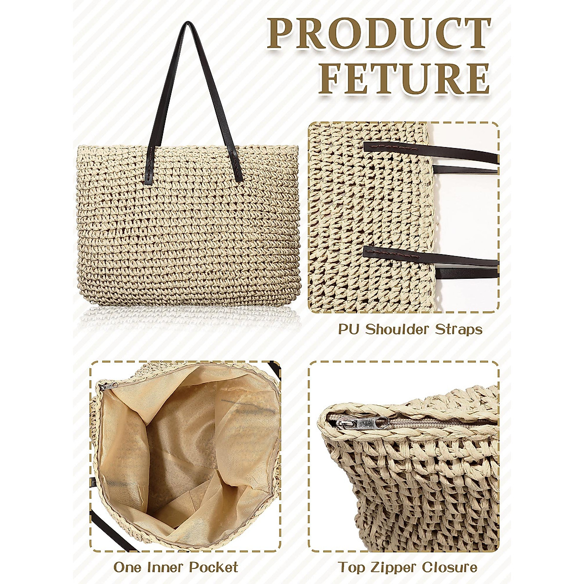 Straw Large Beach Bag for Women's Woven Beach Bag and Beach Hats Set Beach Earring Handmade Shoulder Bag Handbag Bohemia Set(Beige)