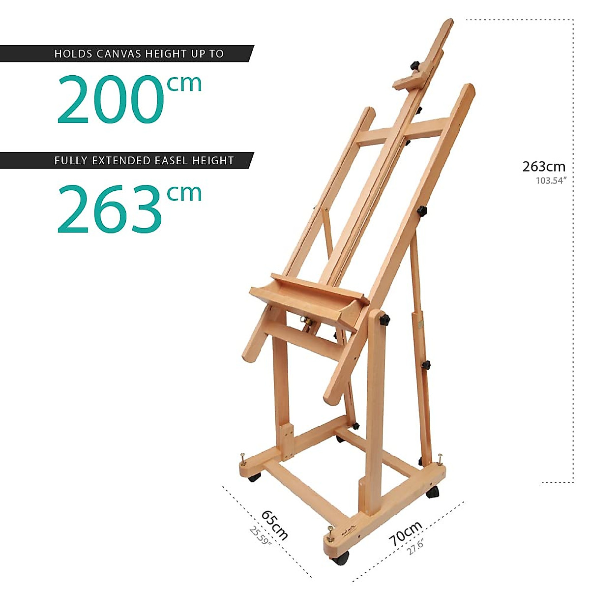 Mont Marte Tilting Studio Wooden Floor Easel. Height Adjustable Extra Large H-Frame Featuring a Large Tilt Range. Castor Wheels Allow Easy Movement and Can Be Locked into Place.