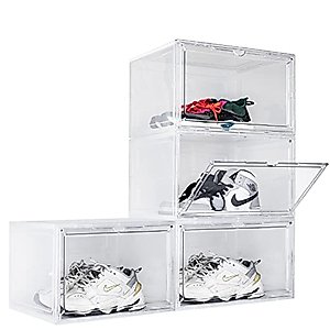 YOLOPARK Shoe boxes X-Large Clear Plastic Stackable Side Door Sneaker Display Case Pack of 4, Shoe Containers for Closet with Lids Shoe Storage Boxes Fit Size Up to US Men's 14 (4 Pack Clear)