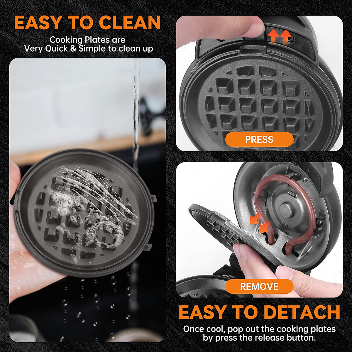 Baker's Friend 4 in 1 Mini Waffle Maker with Removable Plates, A Set of Mini Pancake Maker, Mini Donut Maker, Mini Heart Shape Waffle Maker and Small Waffle Maker, Recipe Included, Graphite