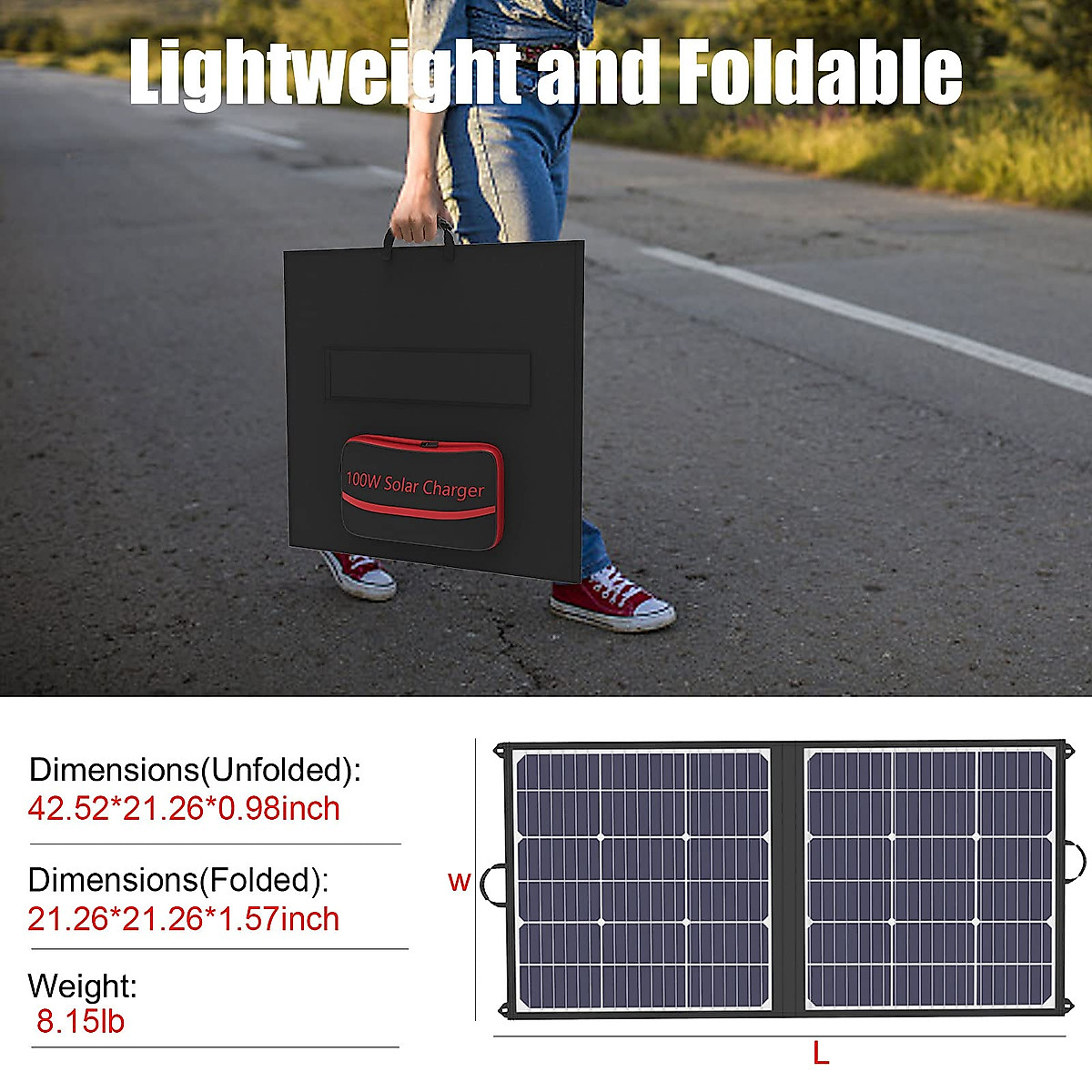 GOOLOO Foldable 100W Solar Panel Charger, Compatible with VTOMAN/Jackery/EF ECOFLOW/Bluetti/Anker Power Station, with Dual USB & 18V DC Output(10 Connectors), for Outdoor Camping Van RV Trip