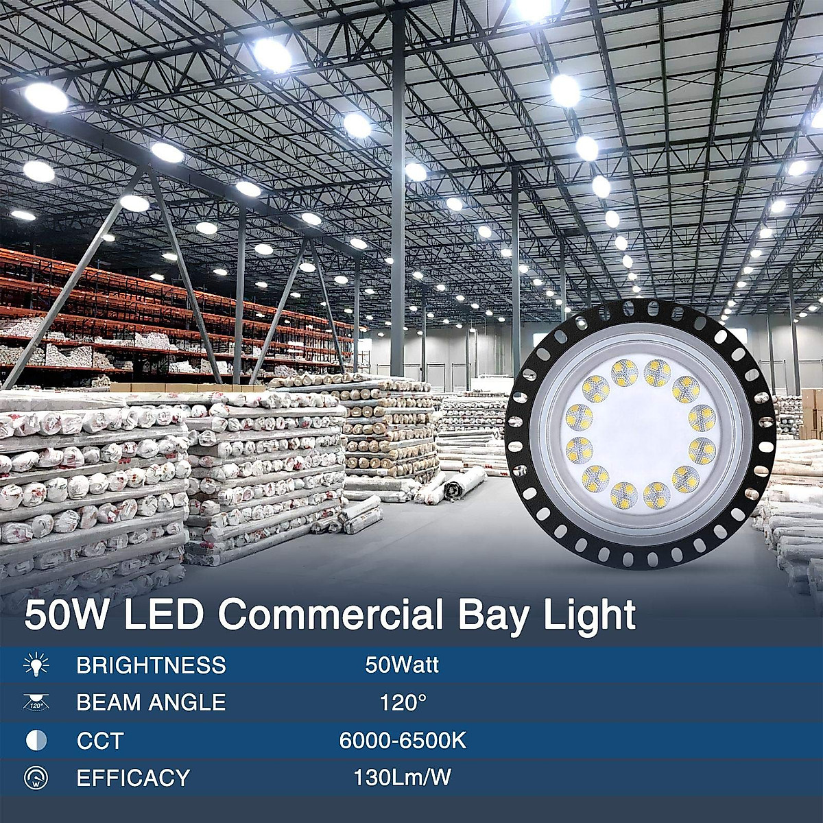 50W UFO LED High Bay Light lamp Factory Warehouse Industrial Lighting 4000 Lumen 6000-6500K IP65 Warehouse LED Lights Commercial Bay Lighting for Garage Factory Workshop Gym (50W, 1PC)