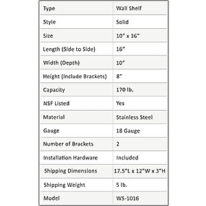 AmGood 16" Long X 10" Deep Stainless Steel Wall Shelf | NSF Certified | Appliance & Equipment Metal Shelving | Kitchen, Restaurant, Garage, Laundry, Utility Room