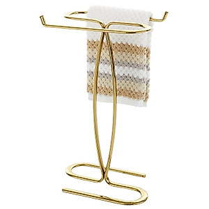 mDesign Decorative Modern Metal Fingertip, Hand Towel Holder Stand - for Bathroom Vanity Countertops to Display and Store Small Guest Towels - 2-Sided, 14" High - 2 Pack - Soft Brass