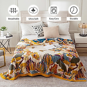 Boho Throw Blanket for Bed - 100% Cotton Ultra Soft Rustic Quilt - Floral Printed Farmhouse Decor Spring Bed Blankets,98"×98" All Season Rustic Throw for Sofa Couch Chair