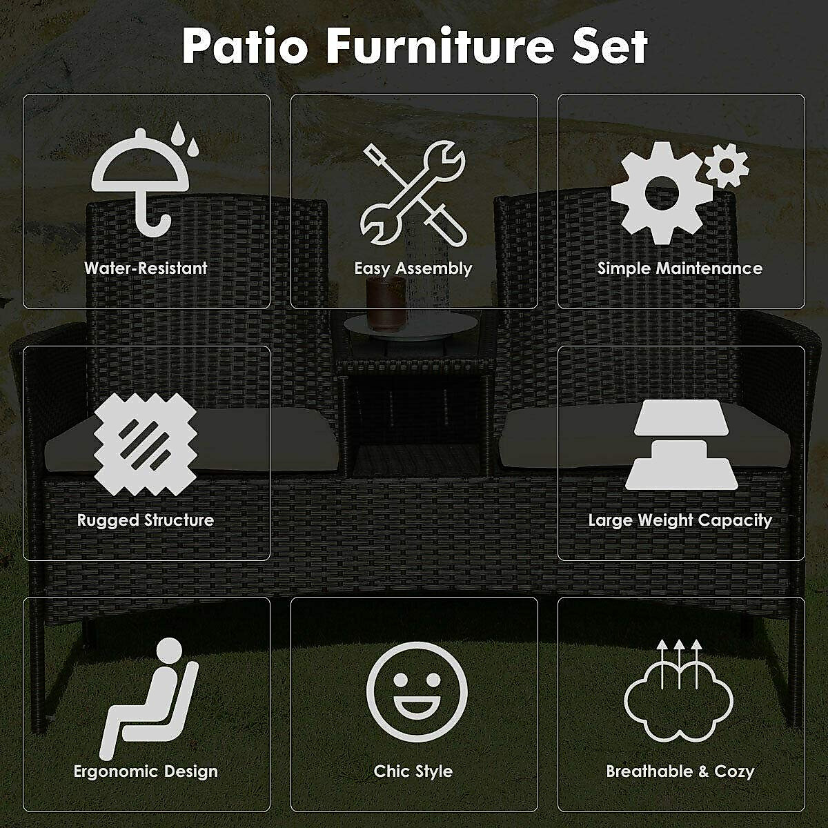 RELAX4LIFE Conversation Furniture Set with Table and Two Removable Cushions Rattan Wicker Chairs and Table Set for Patio,Garden, Baloney and Lawn Outdoor Porch Furniture Sets Loveseat(Brown+Beige)