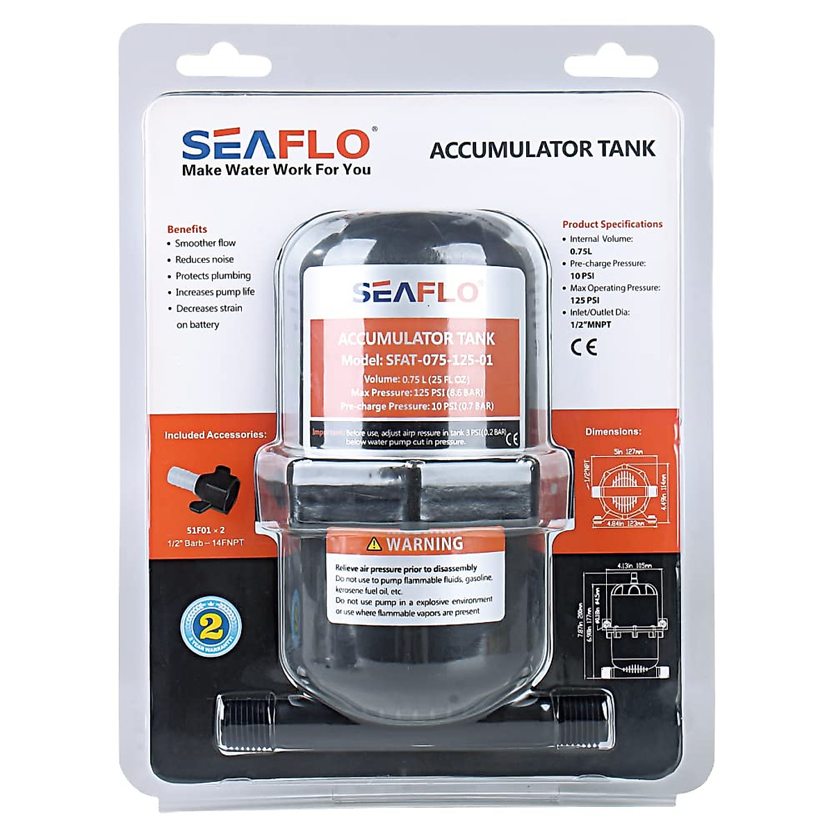 Seaflo 0.75/1.0 Liter Pressurized Accumulator Tank