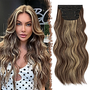 FESHFEN Clip in Hair Extensions 4 PCS Long Wavy Thick Highlighted Hair Piece Clip in Extensions Synthetic Hair Extension for Women, Blonde Highlighteded Medium Brown 20 Inch
