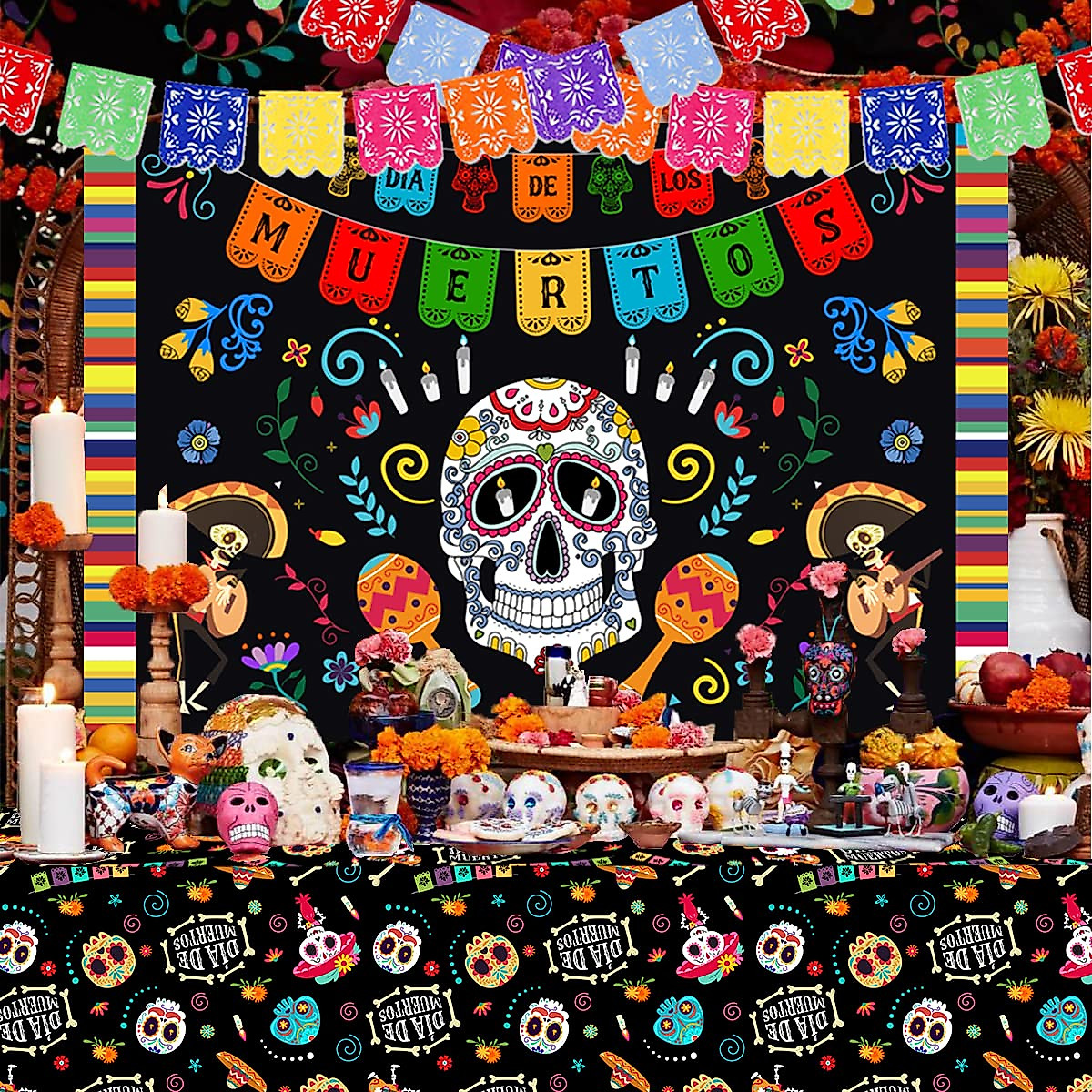 Day of the Dead Party Decorations, Mexican Fiesta Pennant Hanging Banner Sugar Skull Dia De Los Muertos Backdrop and Table cover for Day of the Dead Party Supplies