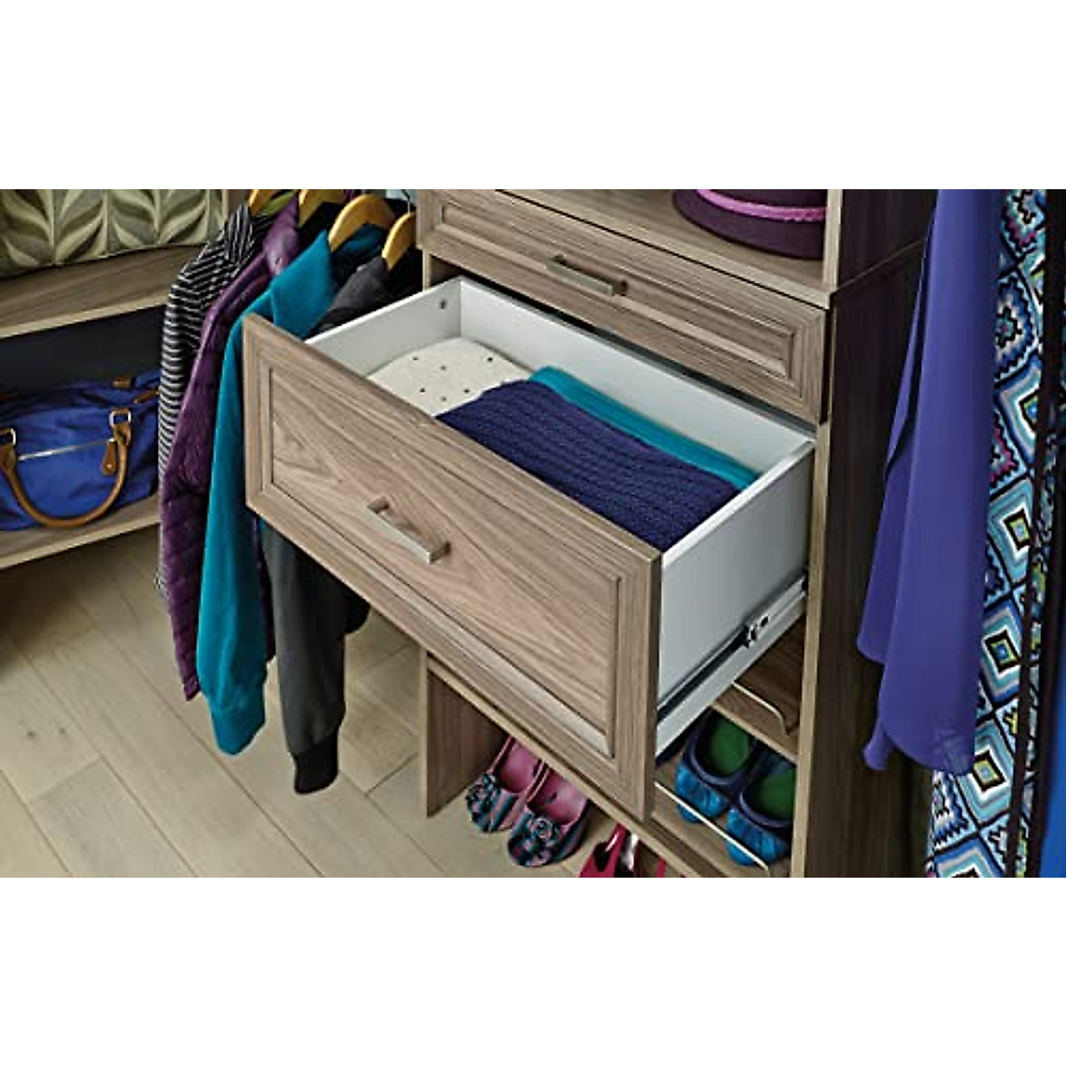 ClosetMaid SuiteSymphony Wood Drawer, Add On Accessory Shaker Style, for Storage, Closet, Clothes, x 10” Size for 25 in. Units, Natural Gray/Satin Nickel, 25" X 10"