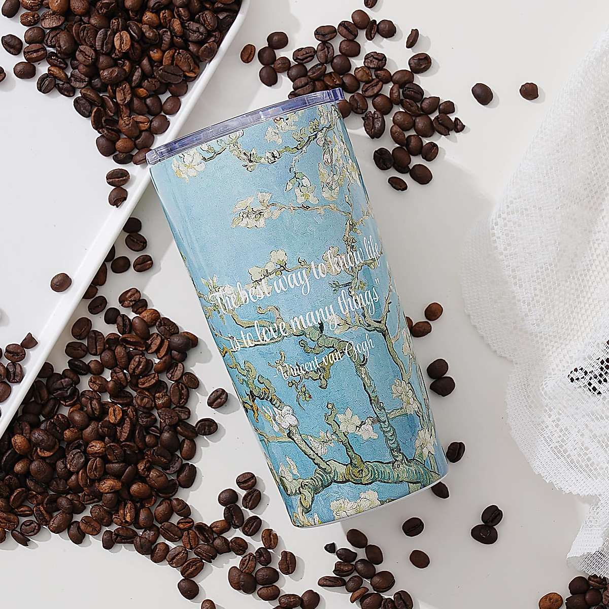 1st Heaven Coffee Tumbler, Van Gogh Art Tumbler, Spill-proof Insulated Coffee Mug with Lid, Inspirational Art Lover Gift for Outdoor, Office & Travel, 20oz (Blossoming Almond Tree)