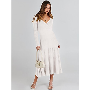 ANRABESS Womens Wrap Midi Sweater Dresses Long Sleeve V Neck Bodycon High Waist Ribbed Knit Pleated A-Line Dress 2024 Trendy X-Large White