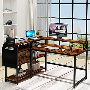 Loomie Reversible L Shaped Desk with Drawer, 55" W x 41" D Industrial Corner Computer Desk with 4 Tier Shelves & Monitor Stand and Bag, Study Table for Home Office, Rustic