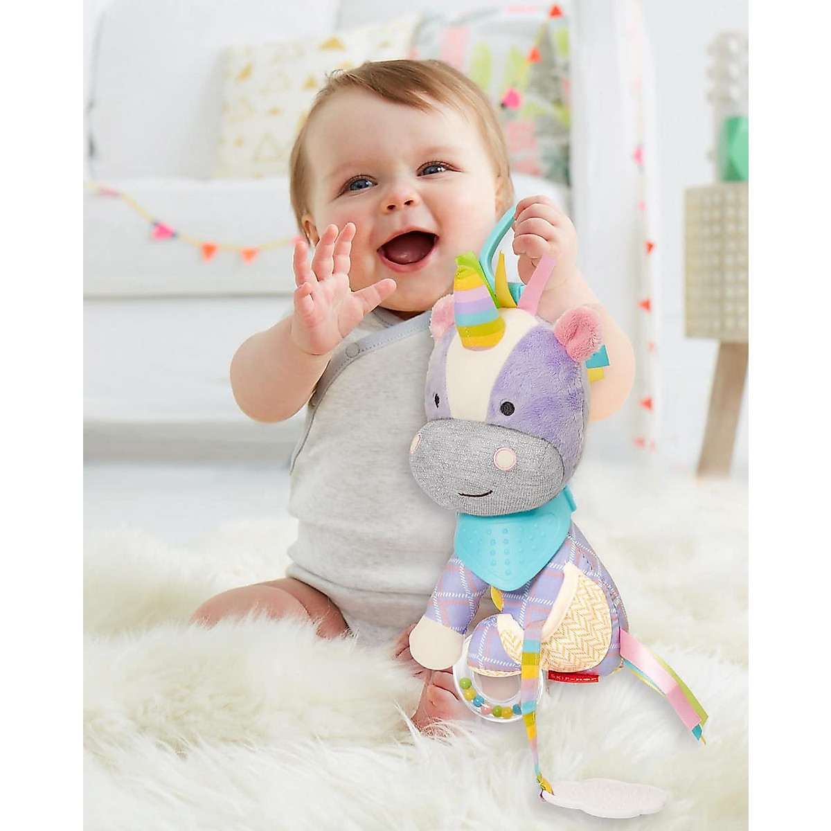 Skip Hop Bandana Buddies Baby Activity and Teething Toy with Multi-Sensory Rattle and Textures, Unicorn