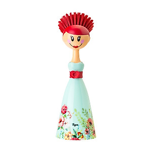 Vigar Dolls Dish Brush with Ergonomic Handle and Dres-Shaped Storage Holder - Scrub Brush for Pans, Pots, Kitchen Sink Cleaning, Blue/Pink