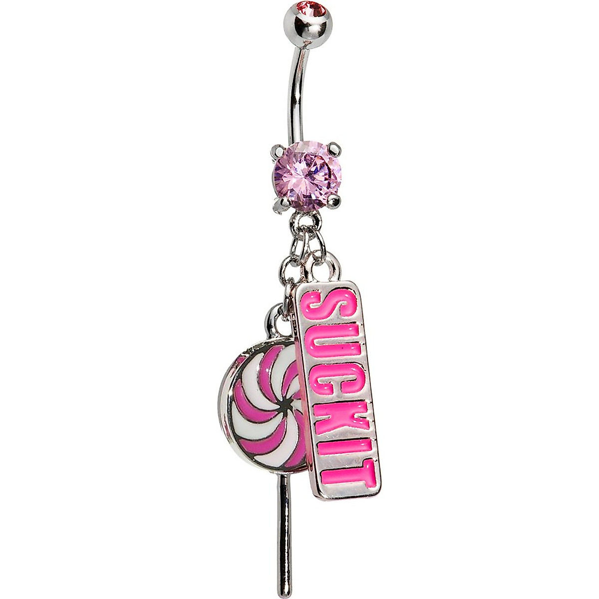 14G Belly Ring Pink CZ Gem 316L Surgical Steel Suck It Dangle Belly Button Rings Pink Lollipop Dangle Sexy Letters Belly Piercings Jewelry 7/16" (11mm)