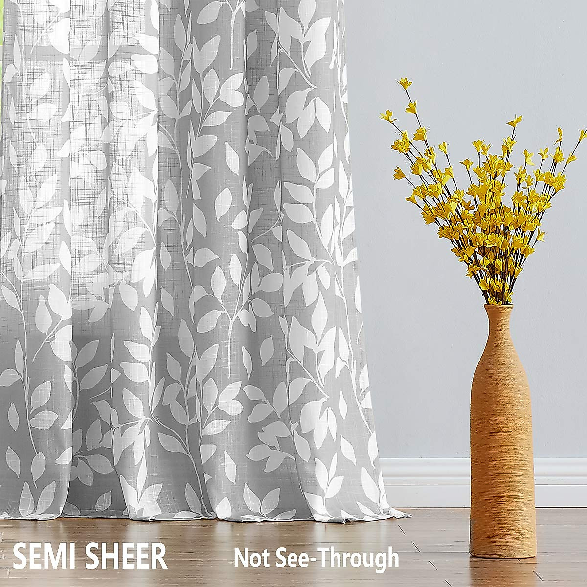 Treatmentex White and Grey Curtains for Bedroom 84" Length Semi-Sheer Print Leaf Curtains for Living Room Windows, Grommet Top, 2 Pack