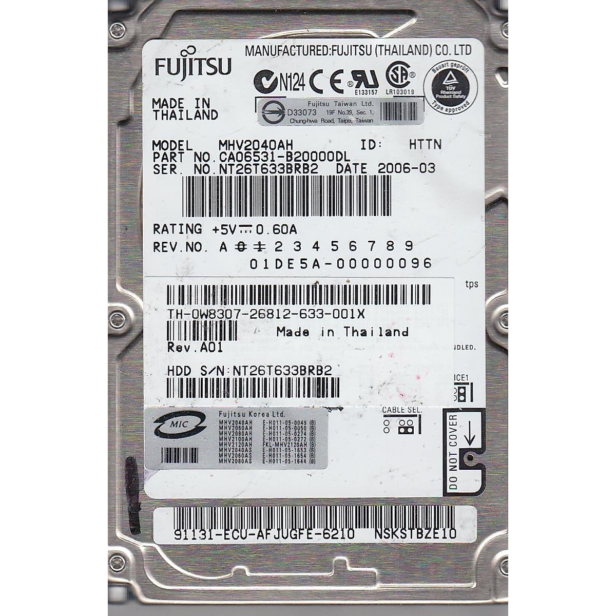 MHV2040AH, PN CA06531-B20000DL, Fujitsu 40GB IDE 2.5 Hard Drive