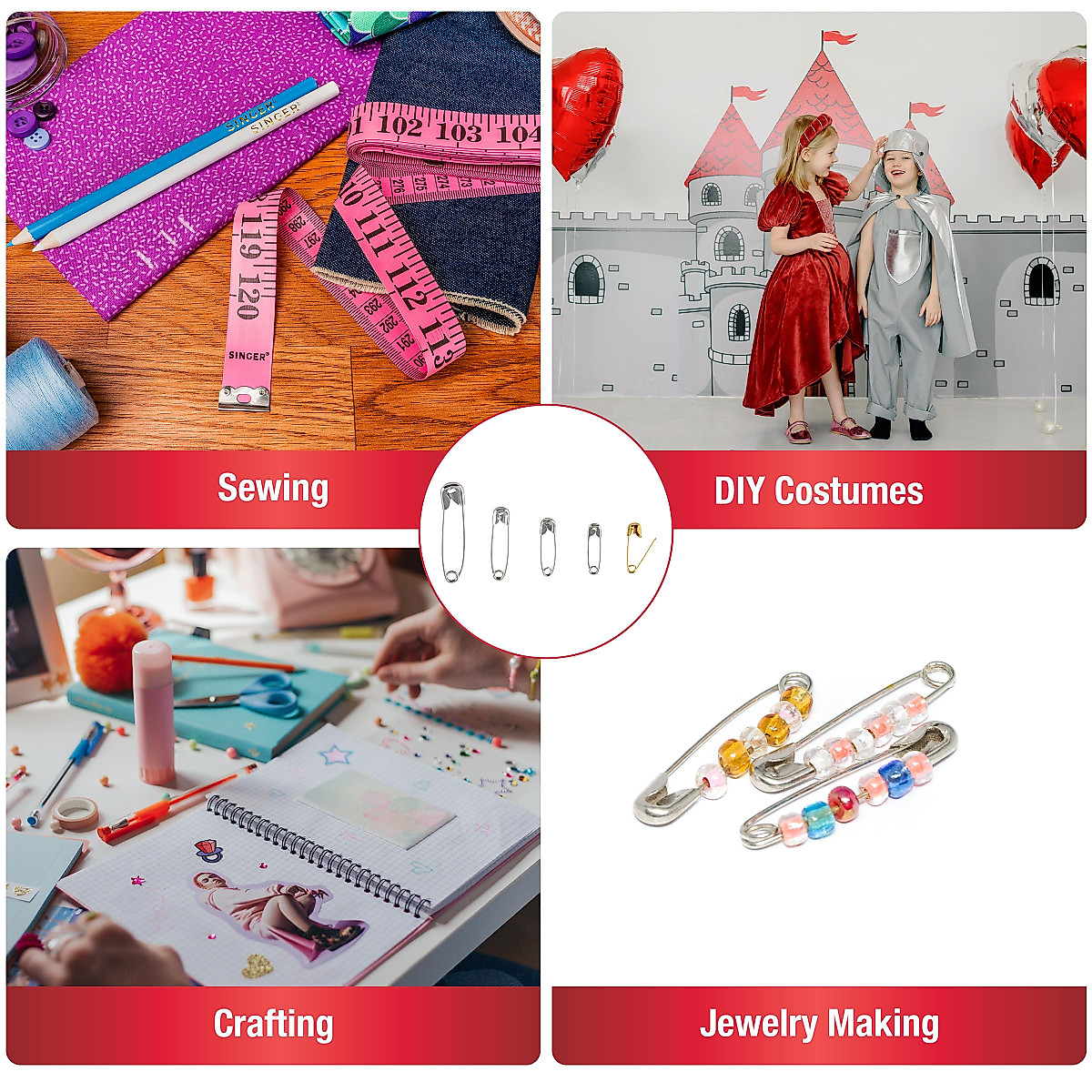 SINGER 00221 Assorted Safety Pins, Multisize, 90-Count