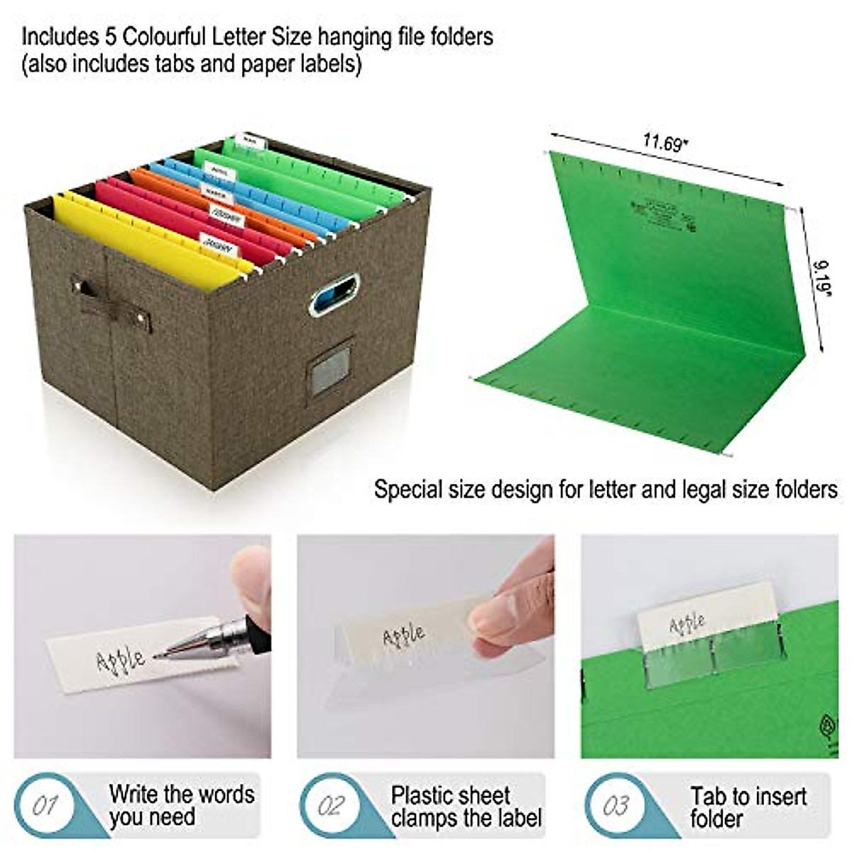JSungo File Box with 5 Hanging Filing Folders, Document Organizer Storage for Office, Collapsible Linen Storage Box with Lids, Home Portable Storage with Handle, Letter Size Legal Folder, Brown