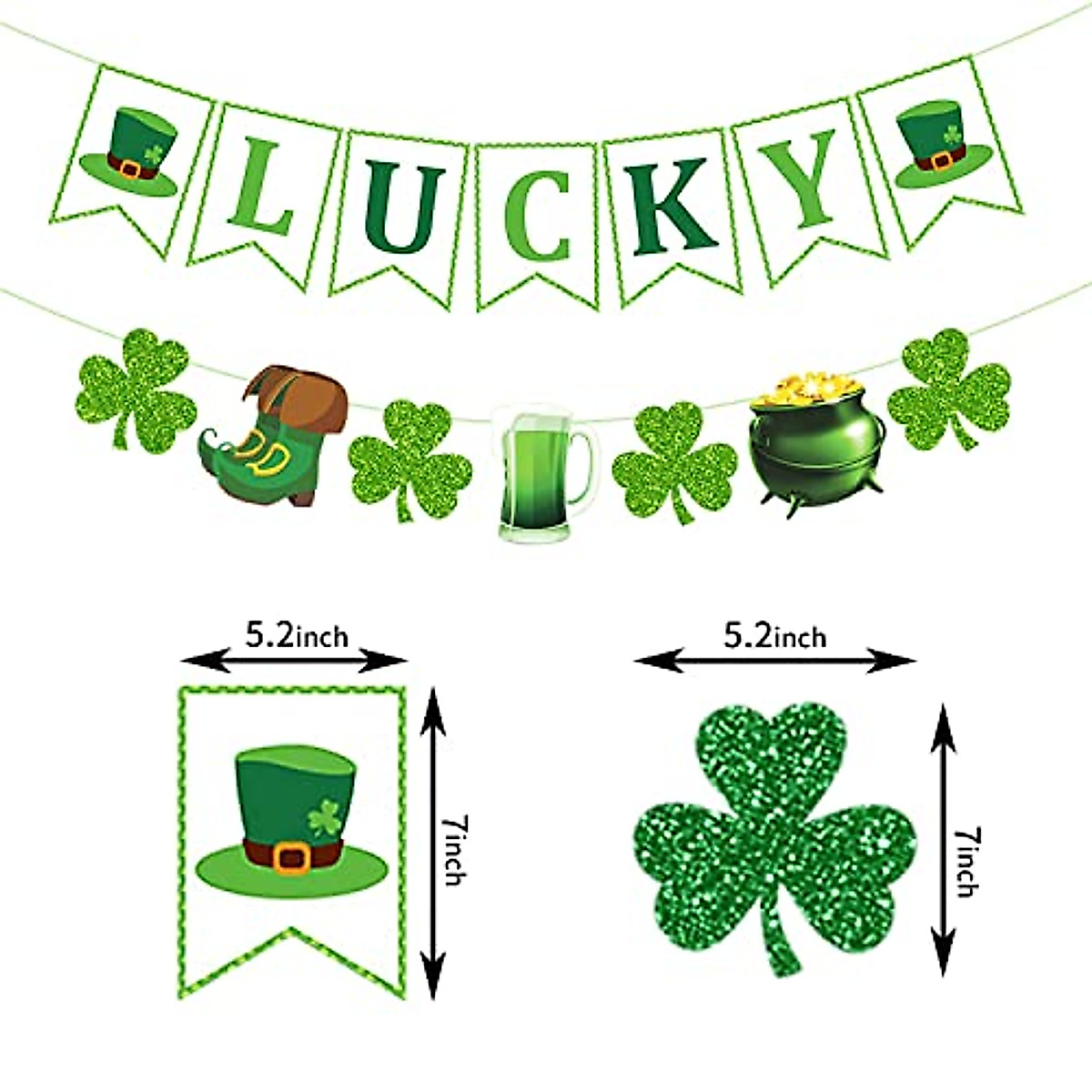 St Patricks Day Decorations Shamrock Banner Garland 3Pcs, Clover Glittery Garland Lucky Banner Set Irish Party Supplies Hanging Garland Decor Green for St Patricks Day for Party Home Store
