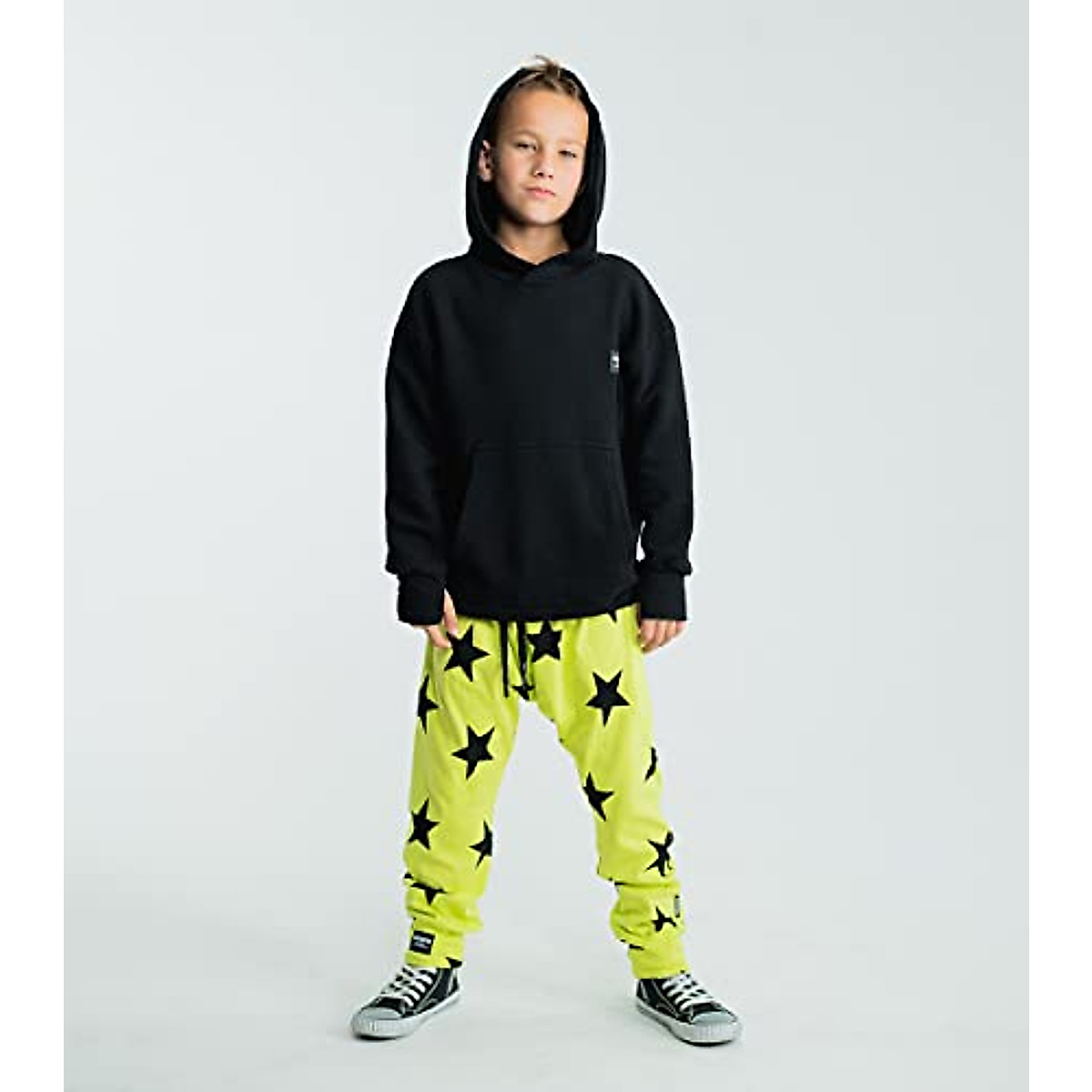 NUNUNU Light Baggy Pants, Toddlers Harem Sweatpants, for Toddler Boys and Girls, 100% Cotton, Unisex, Star - Hot Lime, 10-11 Years