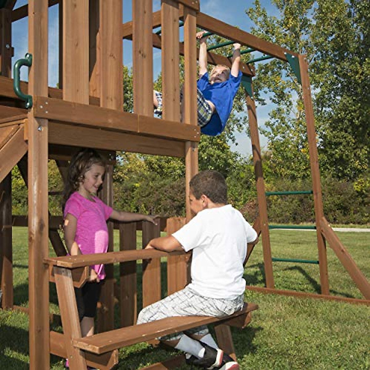 Swing-N-Slide WS 8352 Knightsbridge Ultimate Swing Set with Slide, Monkey Bars, Climbing Wall, Wood Roof, Picnic Table & Glider, Wood, Green