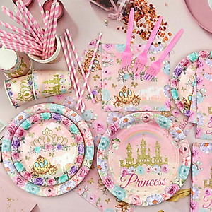 Princess Birthday Party Decorations Serves 20 Guests, Including Dinner Plates, Dessert Plates, Cups, Napkins, Forks, Tablecloth, Straws, for Girls Princess Birthday Baby Shower Party Decorations