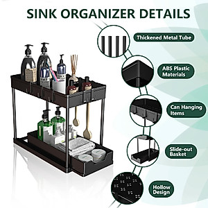 mosala Under Sink Organizers and Storage 2 Pack - 2 Tier Sliding Bathroom Cabinet Organizer with Hooks - Multi-Purpose Under The Sink Organizer Kitchen - Black